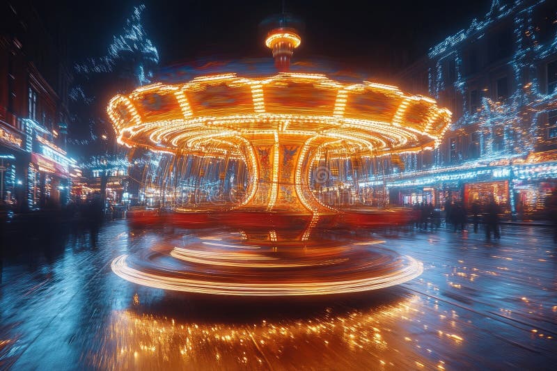 Magical Illuminated Carousel at Night in Festive City Stock ...