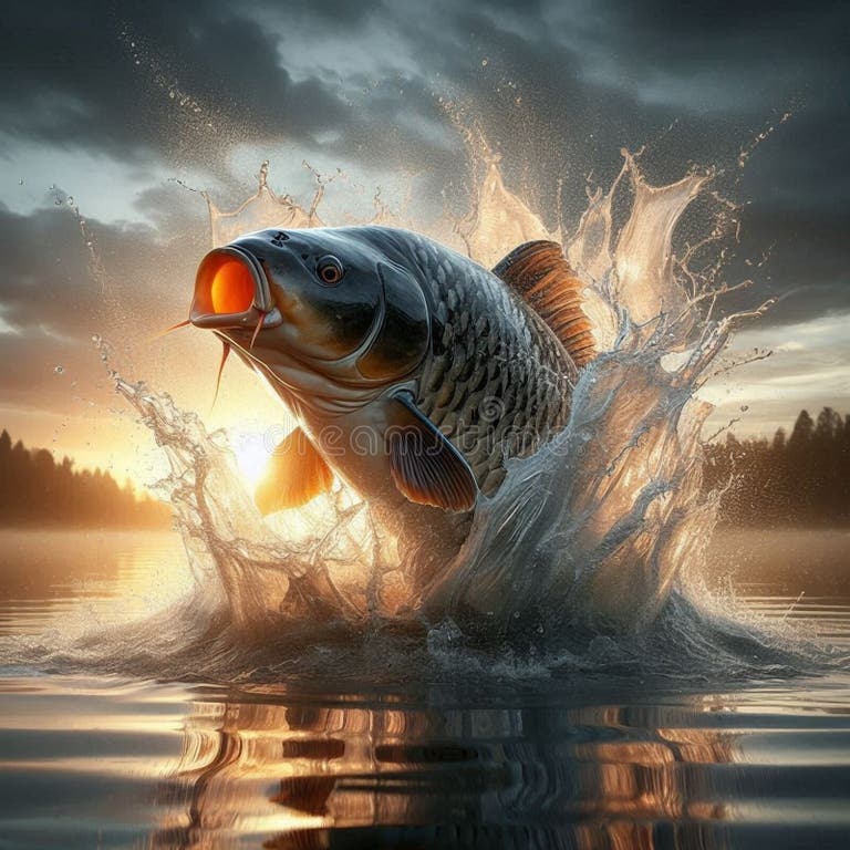 A Carp Fish Bursting through the Splash of Water. Stock Illustration ...