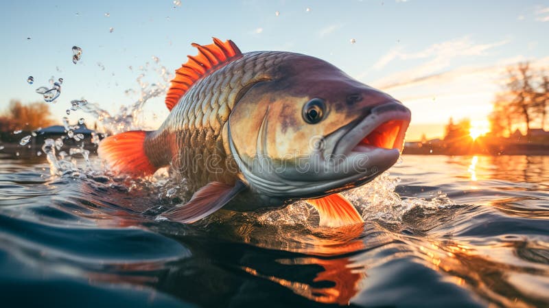 A Carp Fish Jumps from River Water. Fishing Background. Stock ...
