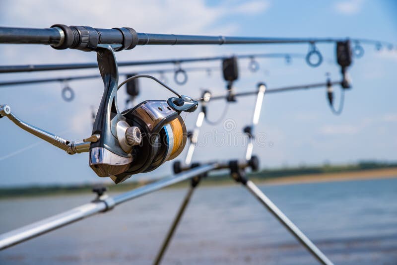 Fishing Rods with Reels on a Support System Rod Pod and Tourist Tent ...