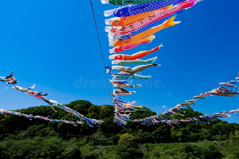 Carp Streamer Above the River Stock Photo - Image of koinobori ...
