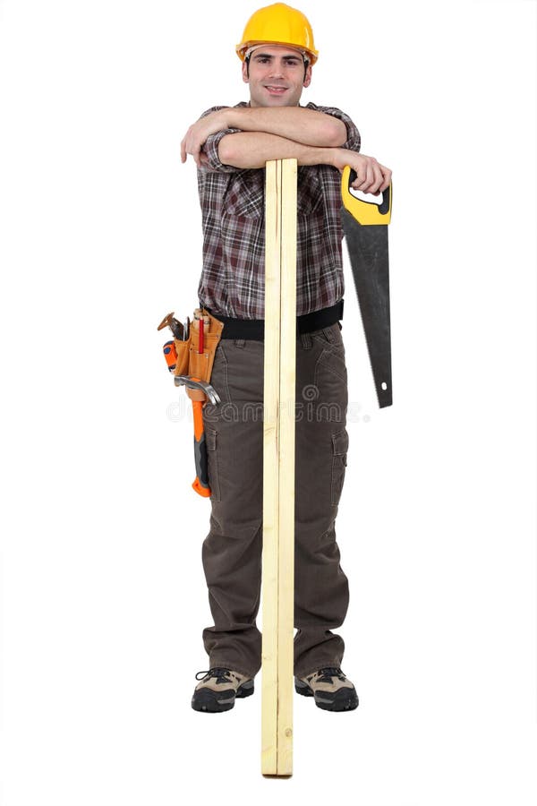 Carpenter with Arms Resting on Lumber Stock Photo - Image of isolated ...