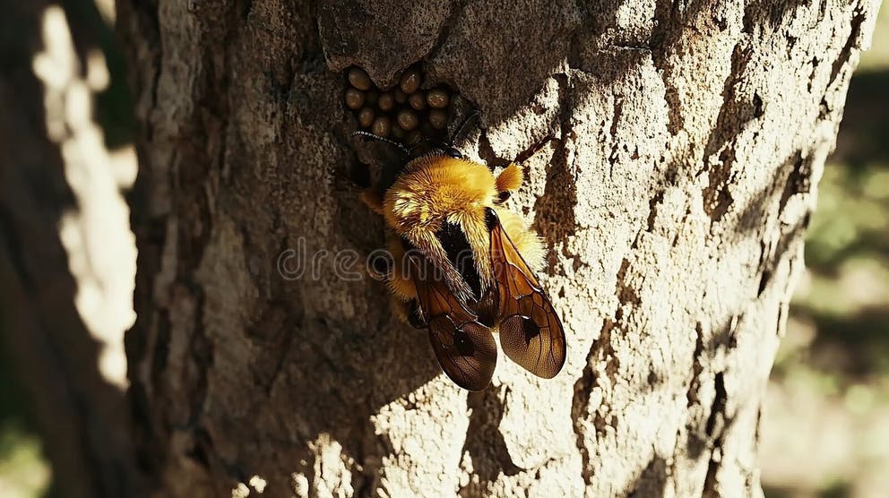 Carpenter Bee Laying Eggs on Tree Trunk Outdoors Stock Image - Image of ...