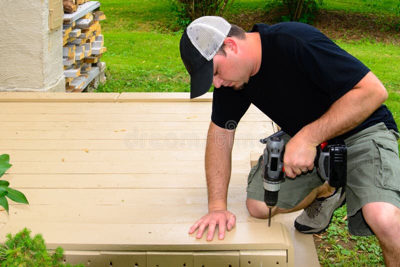 Carpenter Bulding Deck with Drill Stock Photo - Image of builder ...