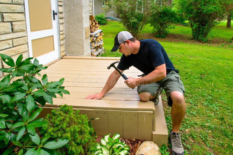 Carpenter Bulding Deck with Hammer Stock Image - Image of home, outside ...