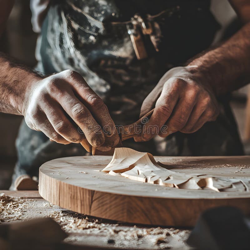 Carpenter Carving Wood in Workshop Using Hand Tool Stock Illustration ...