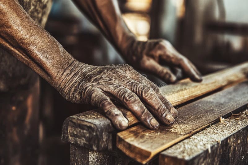 Carpenter Touching Wooden Plank with Dirty Hands in Workshop Stock ...