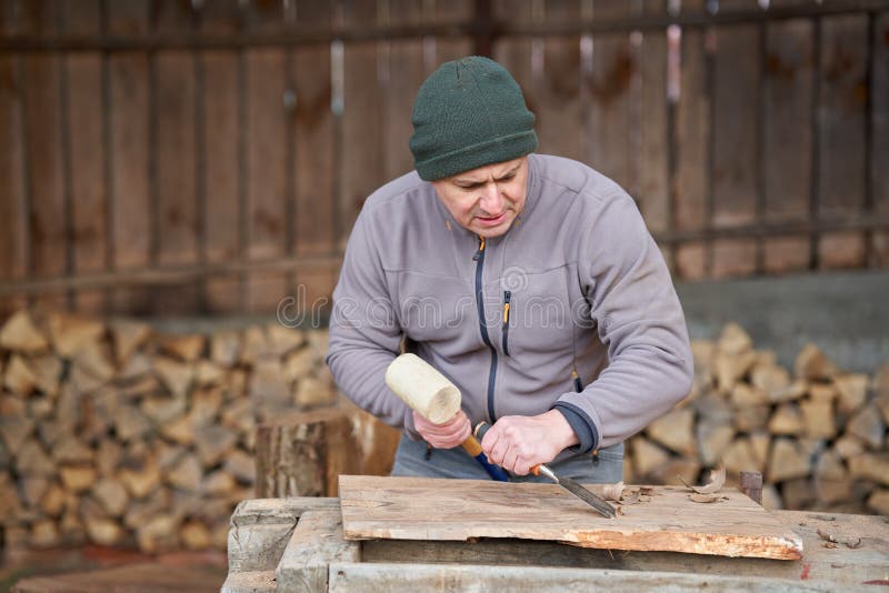 Carpenter Chiseling Walnut Wood Stock Photo - Image of hobby, person ...