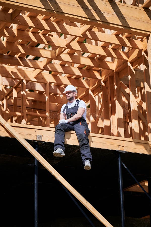 Carpenter Constructing Wooden Frame House. Stock Image - Image of ...