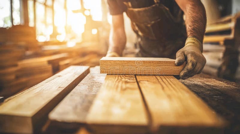 Carpenter Crafting Wood: Hands at Work in Sunlit Workshop Stock ...