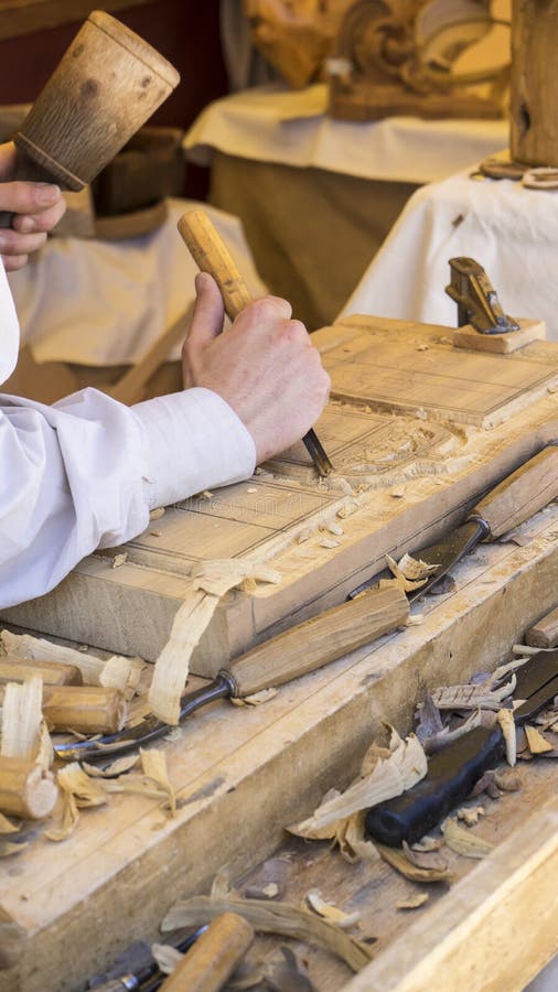 Carpenter, Craftsman Carving Wood in a Medieval Fair, Carpentry Stock ...