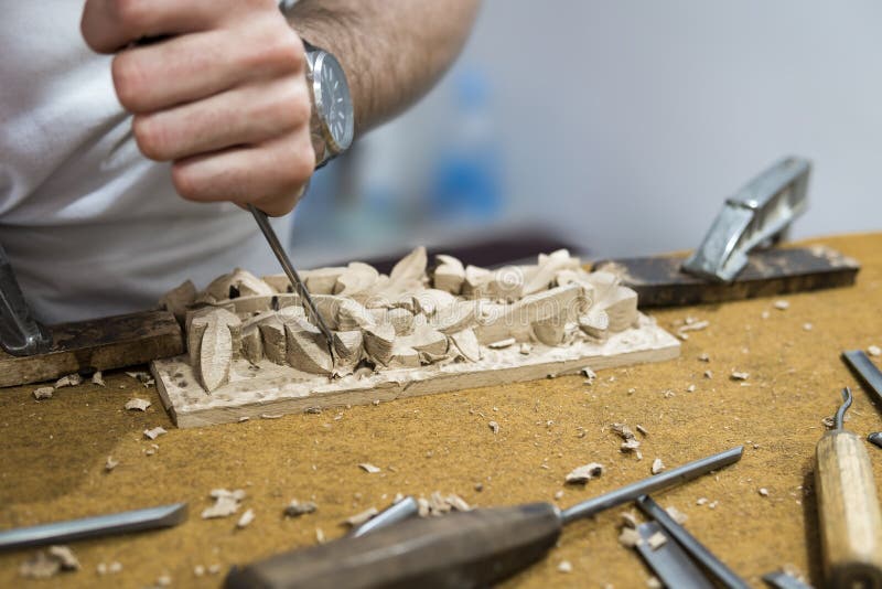 Carpenter Craftsman Carving Wood with Tools Stock Photo - Image of ...