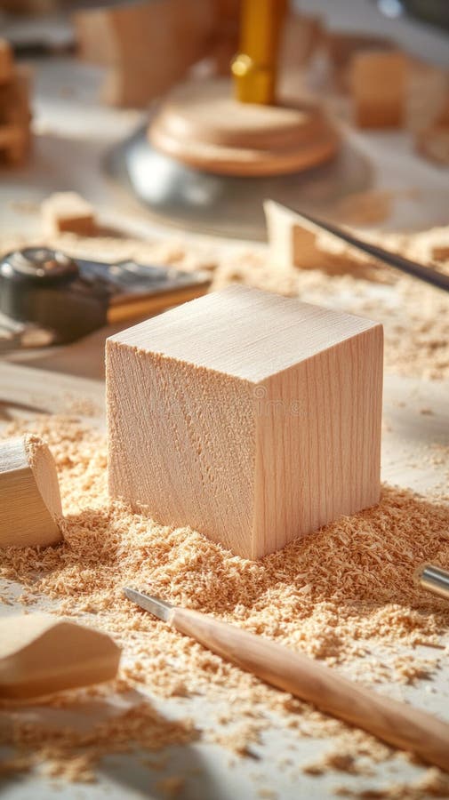 Carpenter Creating Wooden Cube Using Traditional Tools in Workshop ...