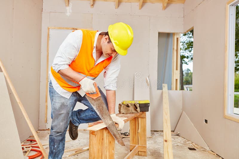 Carpenter Cutting Wood with Hand Saw Stock Image - Image of architect ...