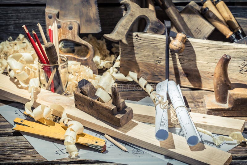 Old carpenter drawing desk stock photo. Image of hammer - 50873140