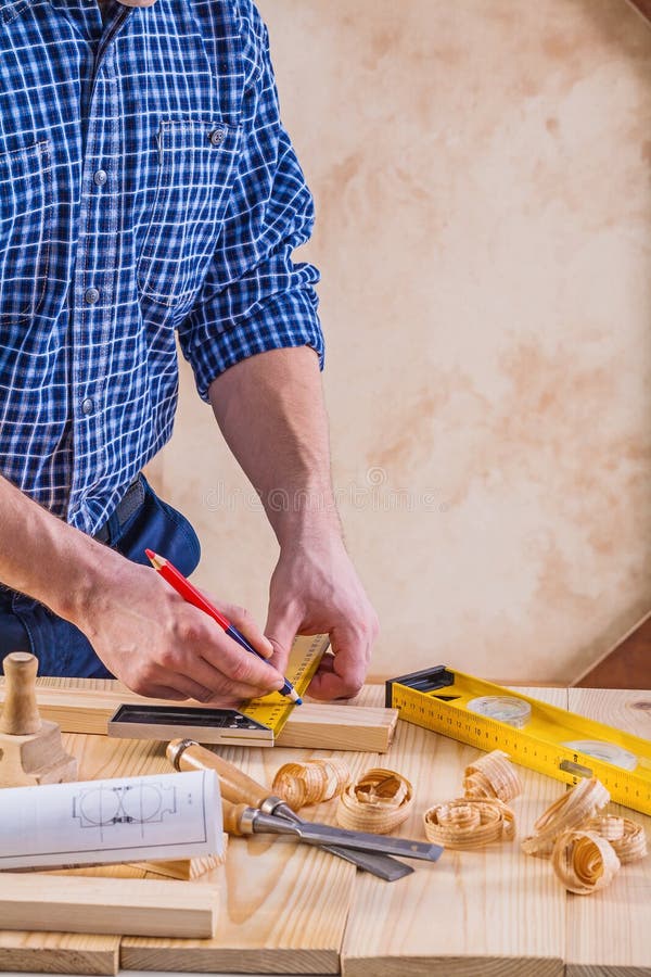 Carpenter Drawing on Wooden Plank Construction Stock Image - Image of ...