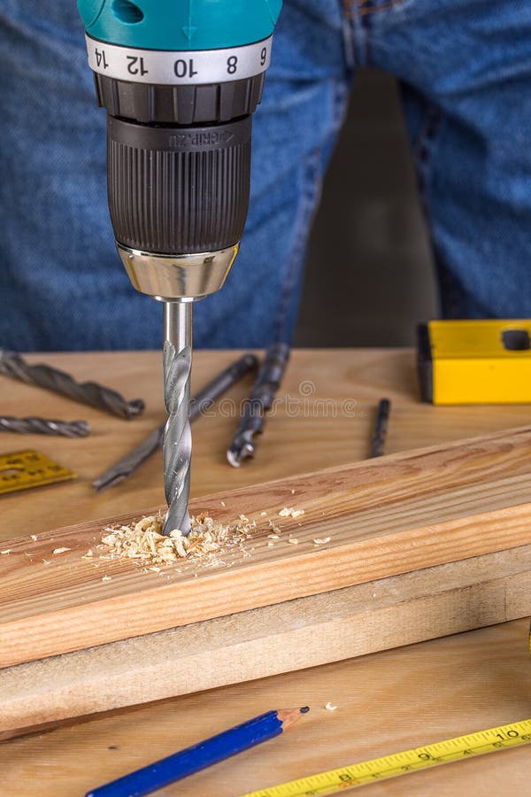 Carpenter Drilling Wood Using Portable Drilling Machine Stock Image ...
