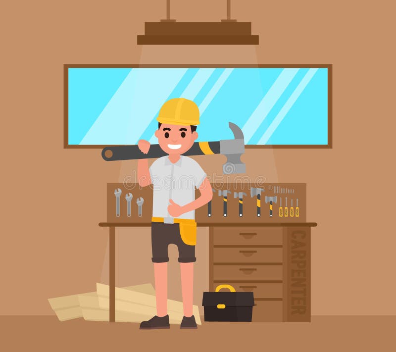 Carpenter, Foreman, Joiner, Woodworker with Large Hammer and Tools ...