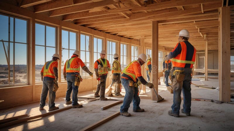 Carpenter Framing Gable End of House, with Many Roof Trusses in ...
