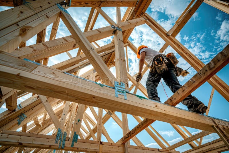 A Carpenter is Hammering Wood on a Wooden Building Structure Under a ...