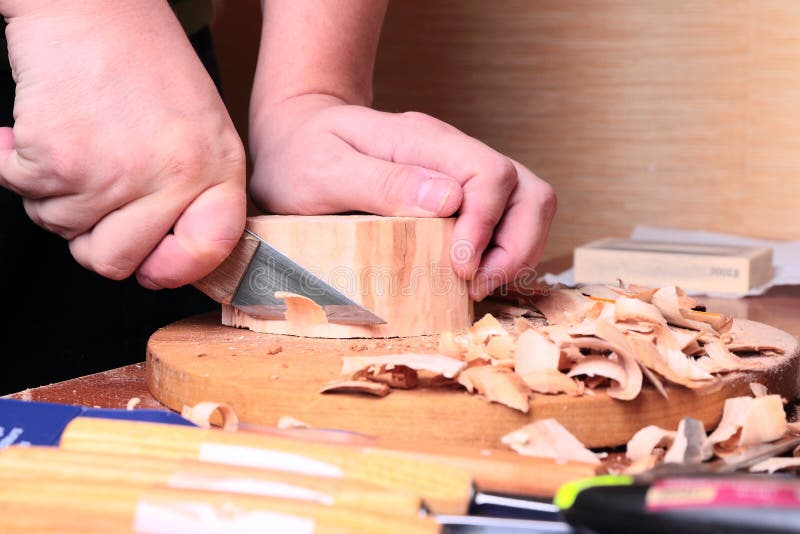 Carpenter Hand Carving Wood Stock Photo - Image of construction, knife ...