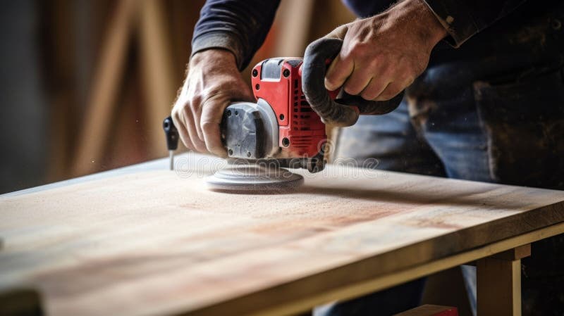 Carpenter Hand Sanding a Wooden Plank in a Workshop. Generative Ai ...
