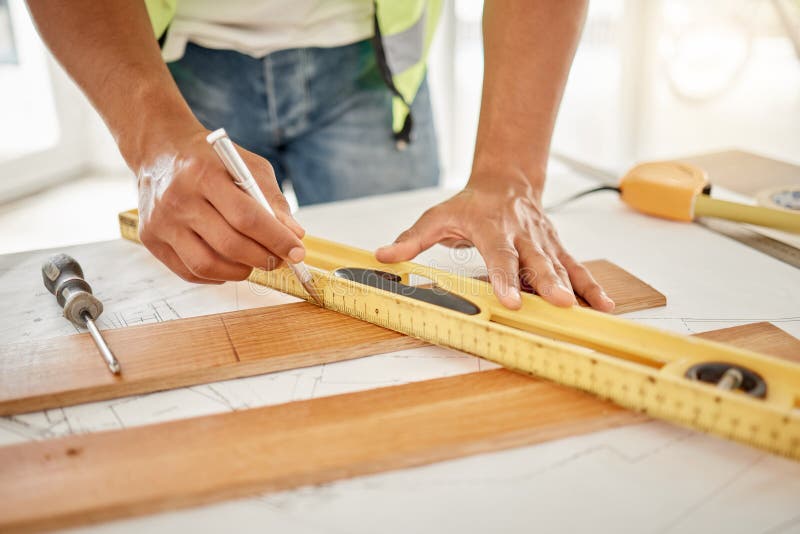 Carpenter, Hands and Drawing for Wood Measurement on Construction ...