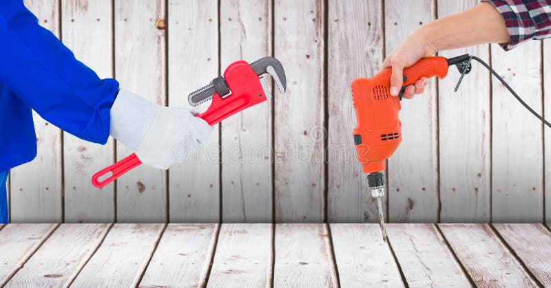 Carpenter Hands Holding Tools Against Wood Stock Photo - Image of ...