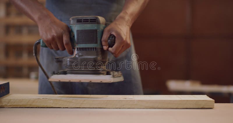 Carpenter, Hands and a Man Sanding Wood at Workshop for Manufacturing ...