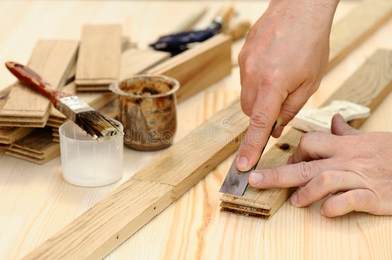 Carpenter Hands at Work Making Grooves on Wood Cutting Board Surface with Chisel Stock Photo ...