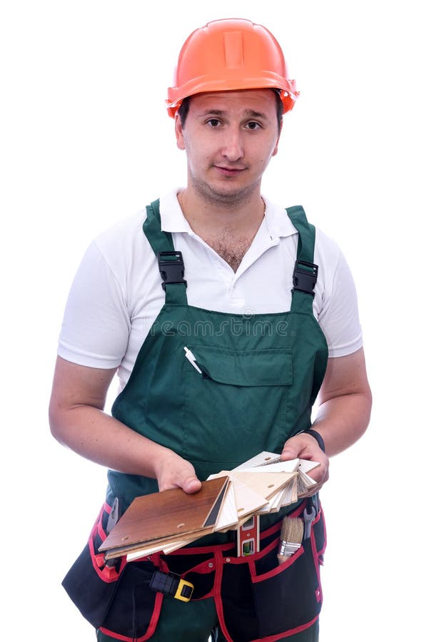 Carpenter in Helmet with Wooden Sampler Isolated on White Stock Image ...