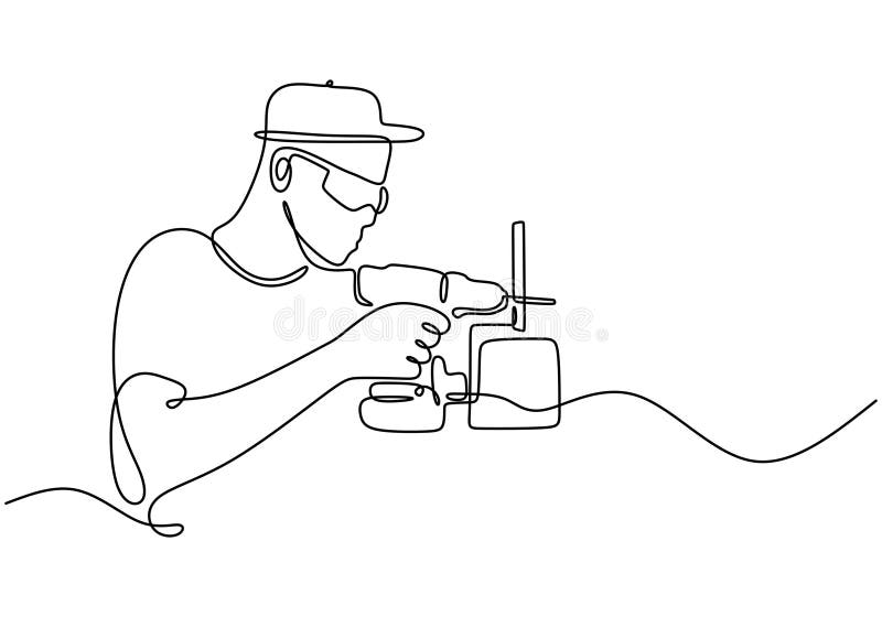 Carpenter Holding a Drill in One Continuous Line Drawing. Symbolizing ...