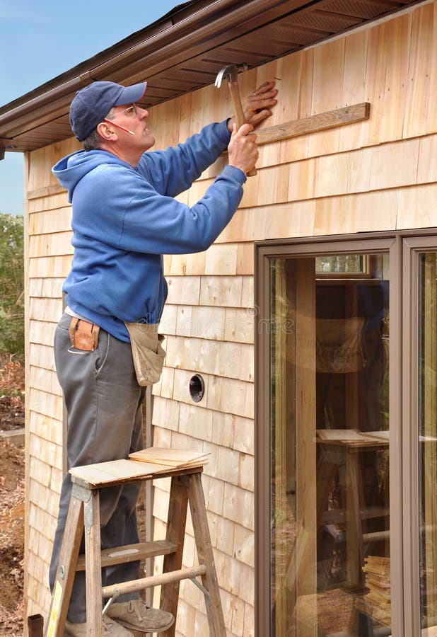 Carpenter Installing Cedar Shingles Stock Image - Image of ladder ...