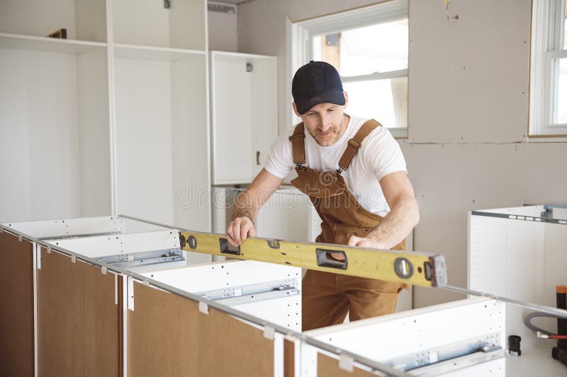 Carpenter Installing Luxury Modern Fitted Kitchen in House Stock Photo ...