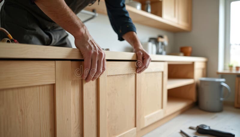 Carpenter Installs Wooden Kitchen Cabinets. Home Renovation, Construction Work. Joiner, Builder ...