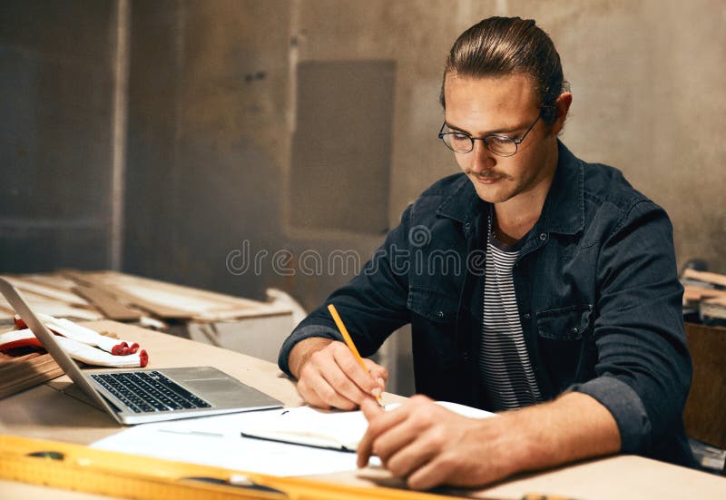 Carpenter, Laptop and Design with Notebook for Construction, Furniture ...