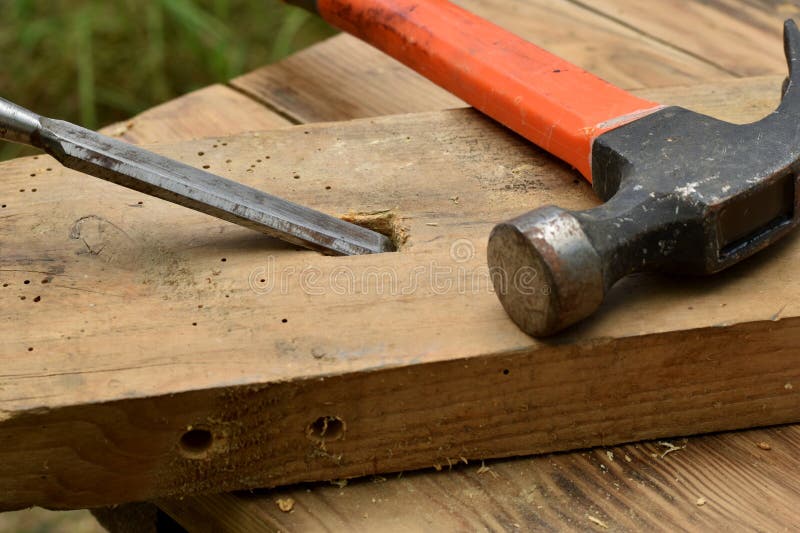Tool, Hammer and Chisel on a Board. Stock Photo - Image of industry ...