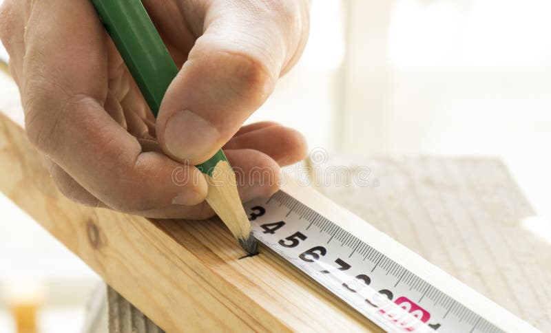 Carpenter Makes the Marking of the Wooden Stock Photo - Image of ...