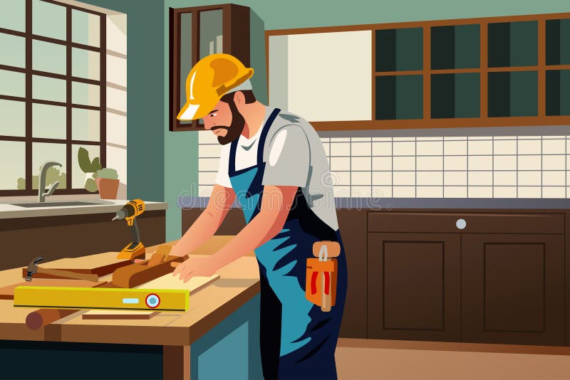 Carpenter Making Kitchen Cabinet at Home Construction Vector ...