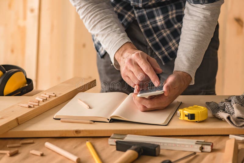 Carpenter Making Project Calculation Using Smartphone App Stock Photo ...