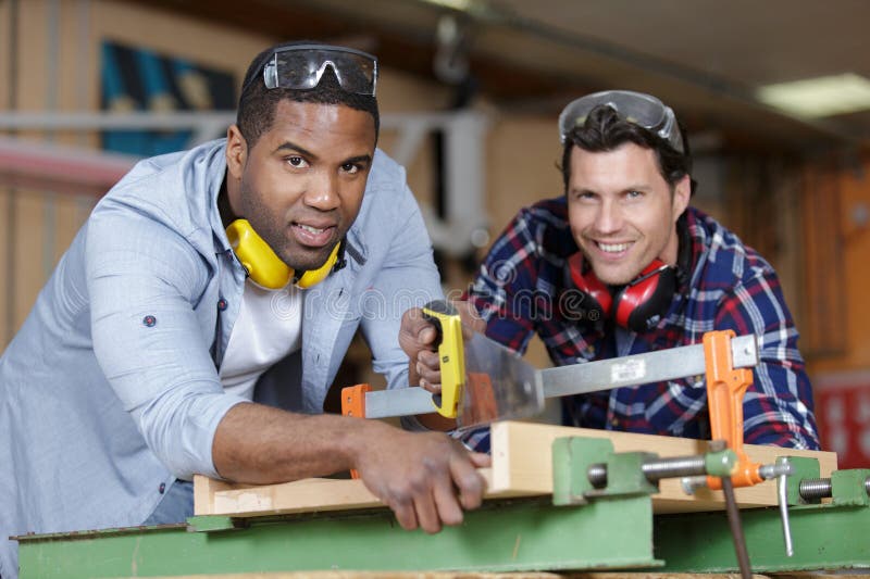 Carpenter Man and Apprentice Working in Workshop As Team Stock Image ...