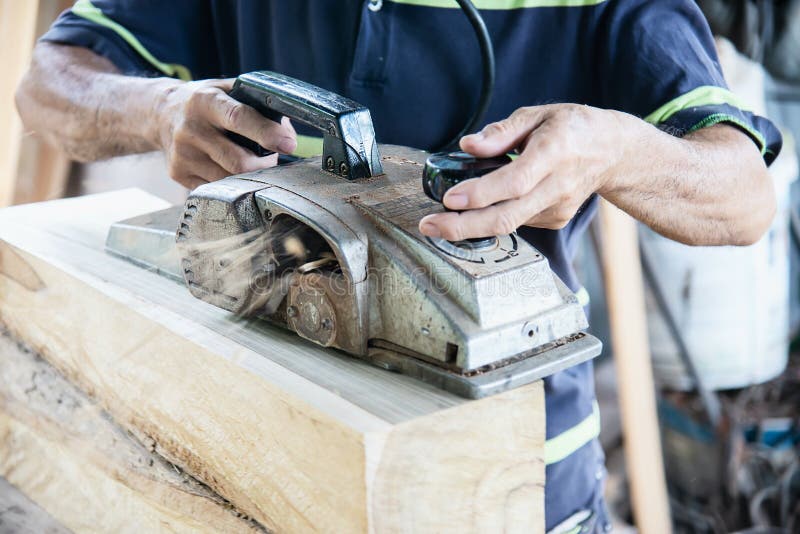 Carpenter Man is Using Electrical Wood Planer Machine Stock Photo ...