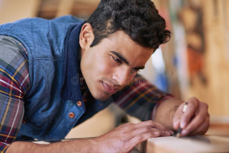 Carpenter, Measure and Man in Workshop Wood for Home Renovation, Skill ...