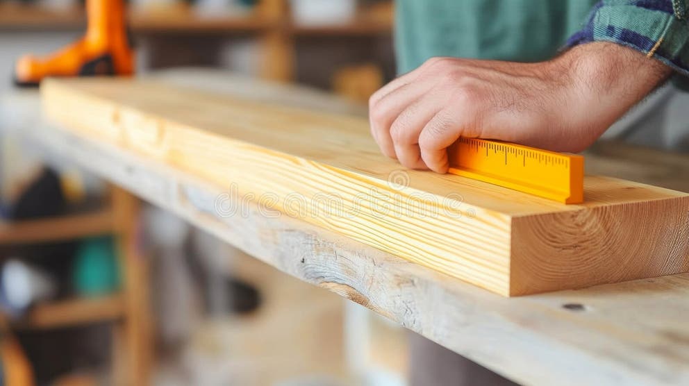 Carpenter Measuring Lumber with Ruler in Workshop Stock Image - Image ...
