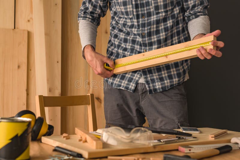 Carpenter is Measuring Pine Wood Plank Stock Image - Image of ...
