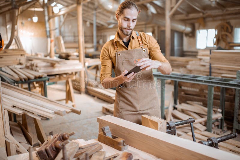 Carpenter Photographing with a Smart Phone His Woodwork Stock Photo ...