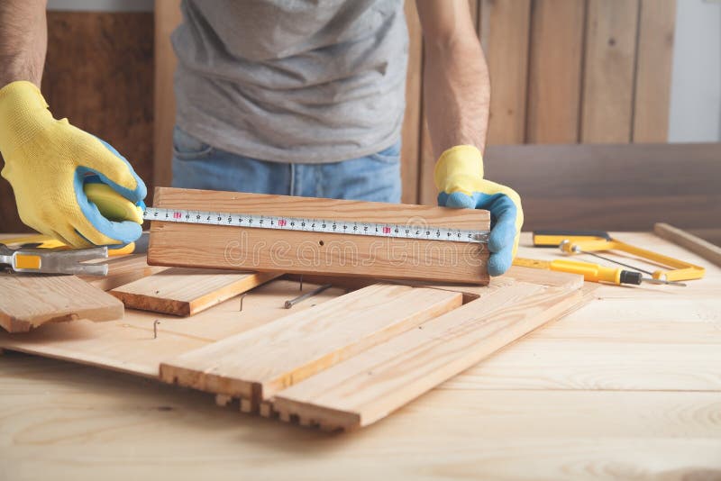 Carpenter with Ruler Measuring Wood Plank Stock Image - Image of plank ...