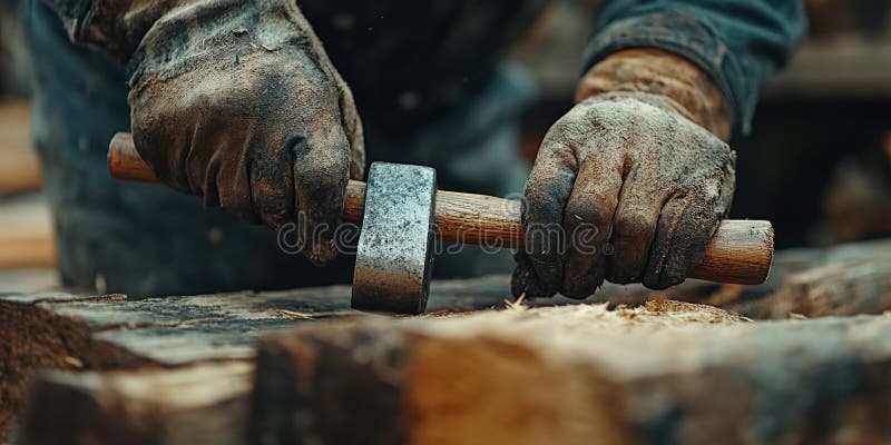 Carpenter Working Wood with Hammer and Chisel Stock Illustration ...