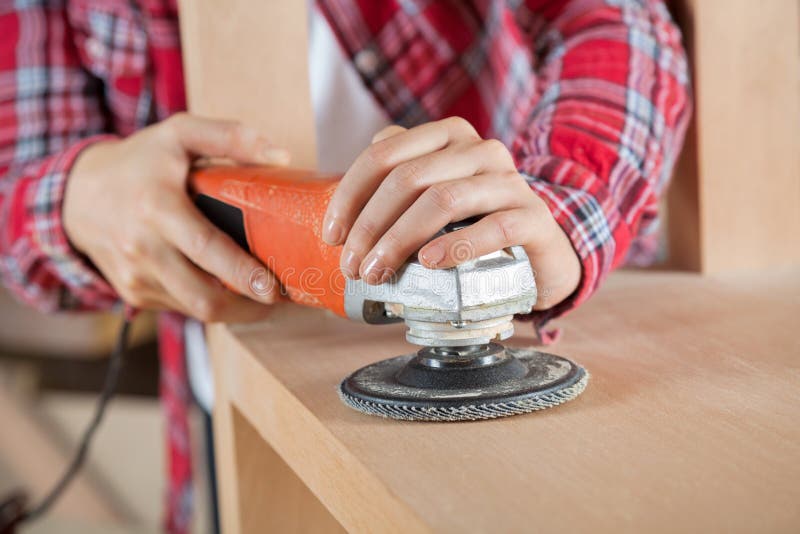 Carpenter S Hands Using Sander on Wooden Shelf Stock Image - Image of ...