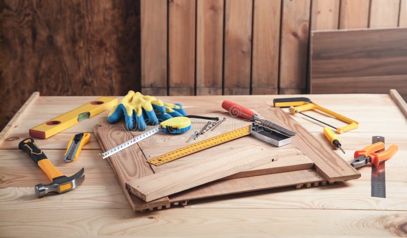 Carpenter`s Tools on the Wooden Desk Stock Image - Image of brown ...